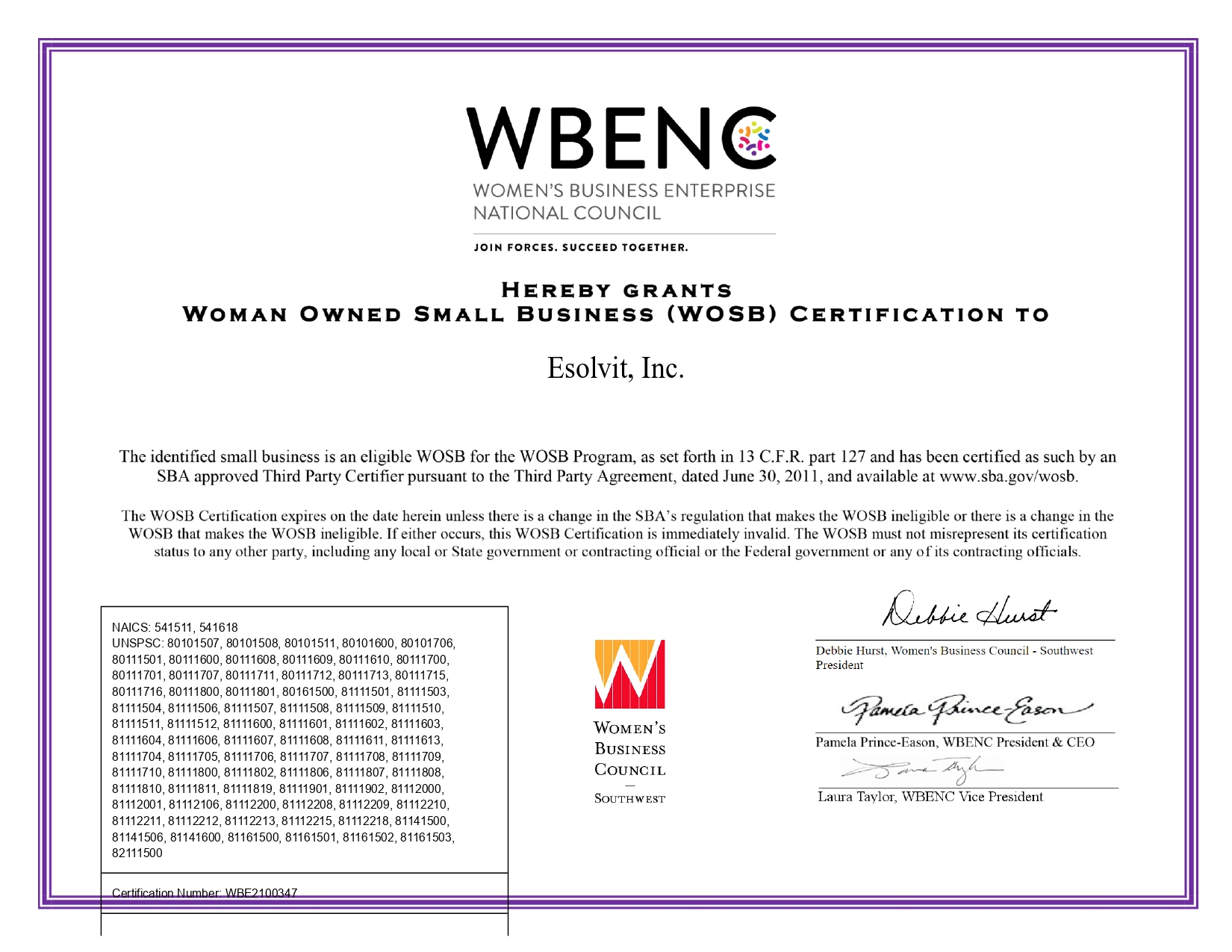 Esolvit WOSB National WBENC Certificate