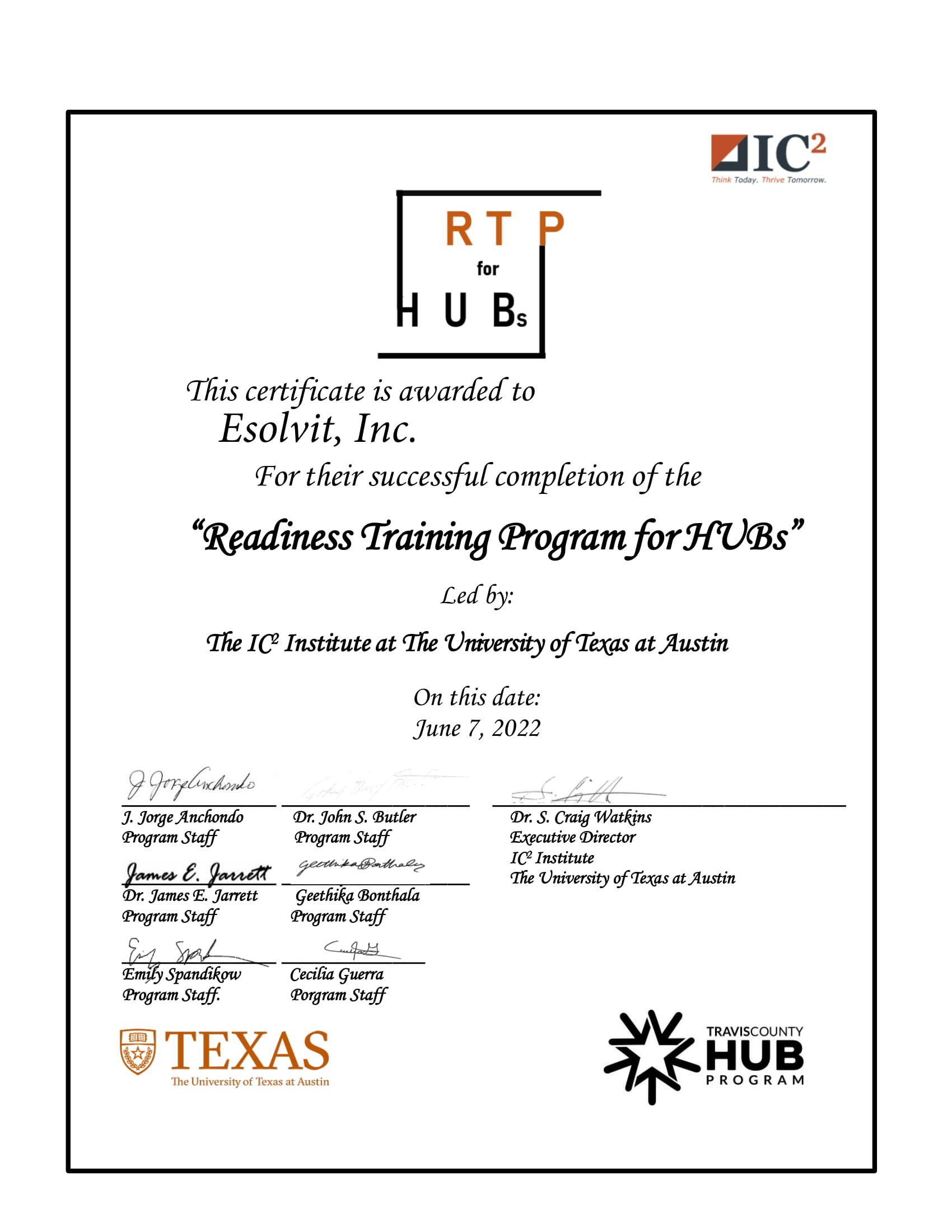 RTB for HUB UT AUSTIN Certificate for Esolvit, Inc. 2022