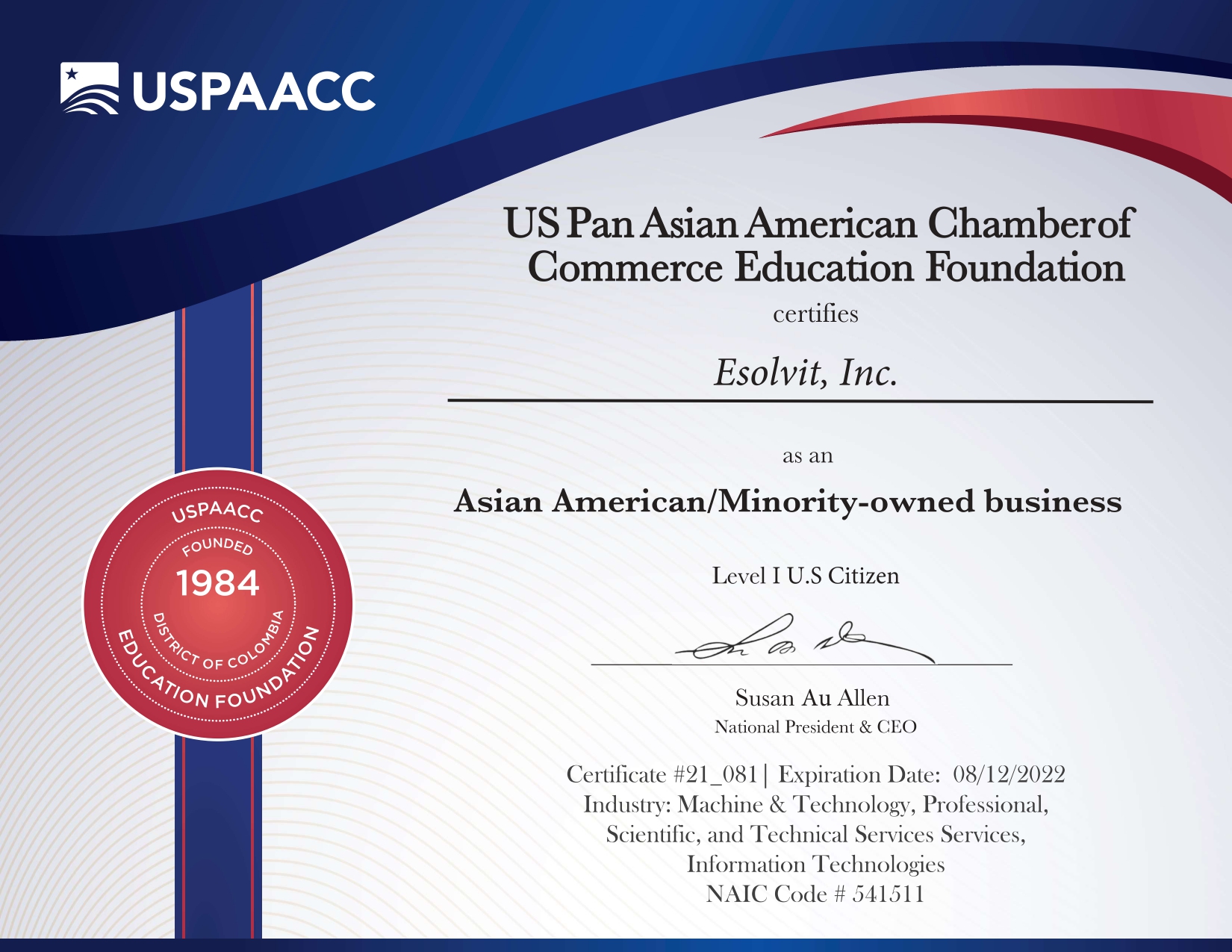 USPAACC National Minority Certification 2021_ESOLVIT, INC